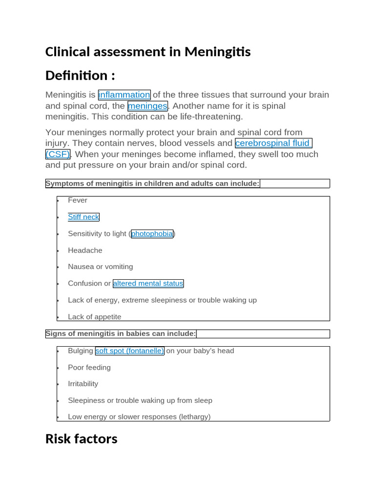 Meningitis Clinical Assessment Guide | PDF