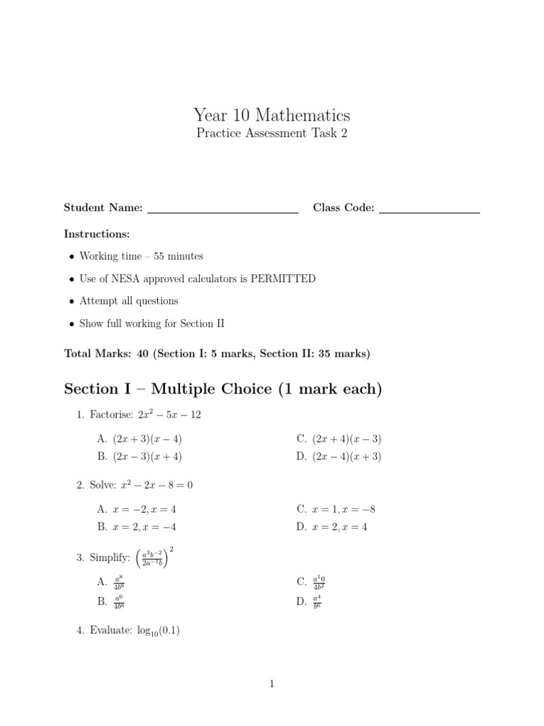 Year 10 Mathematics Practice Test 2024 | PDF | Chess | Chess Theory
