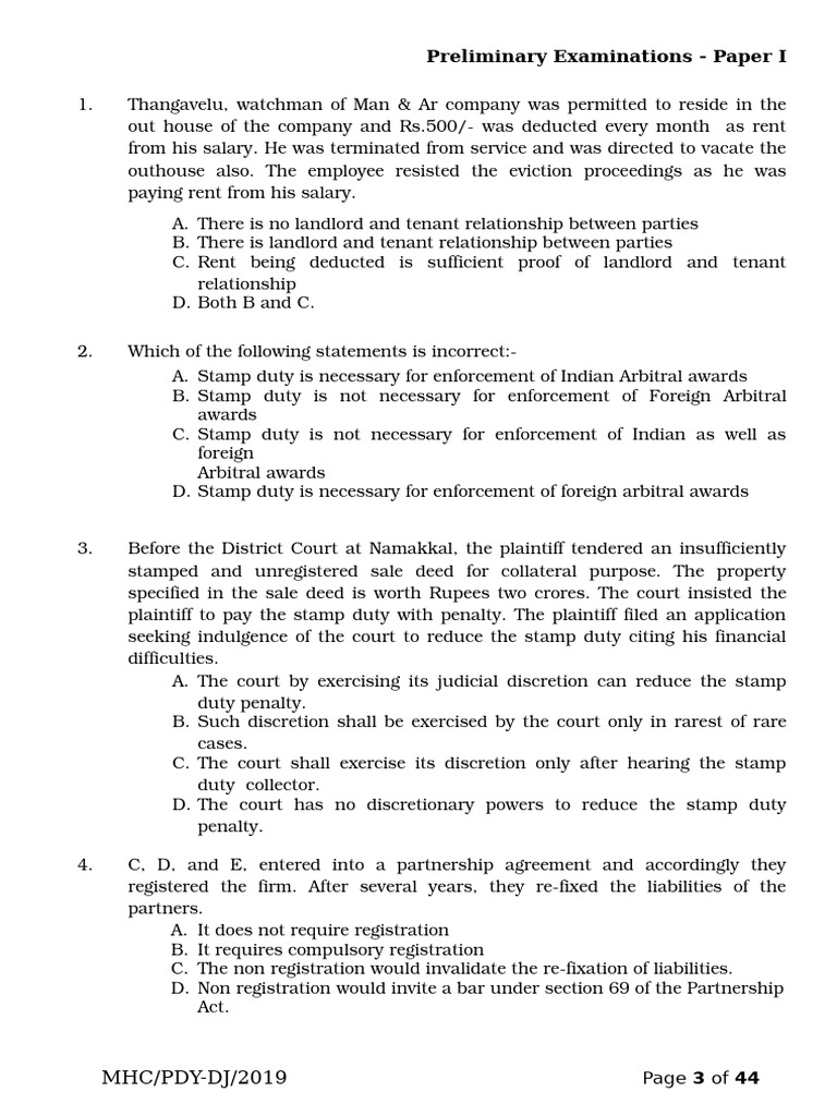 PDY DJ Preliminary Law Paper - I B Series | PDF | Law Of Agency | Landlord