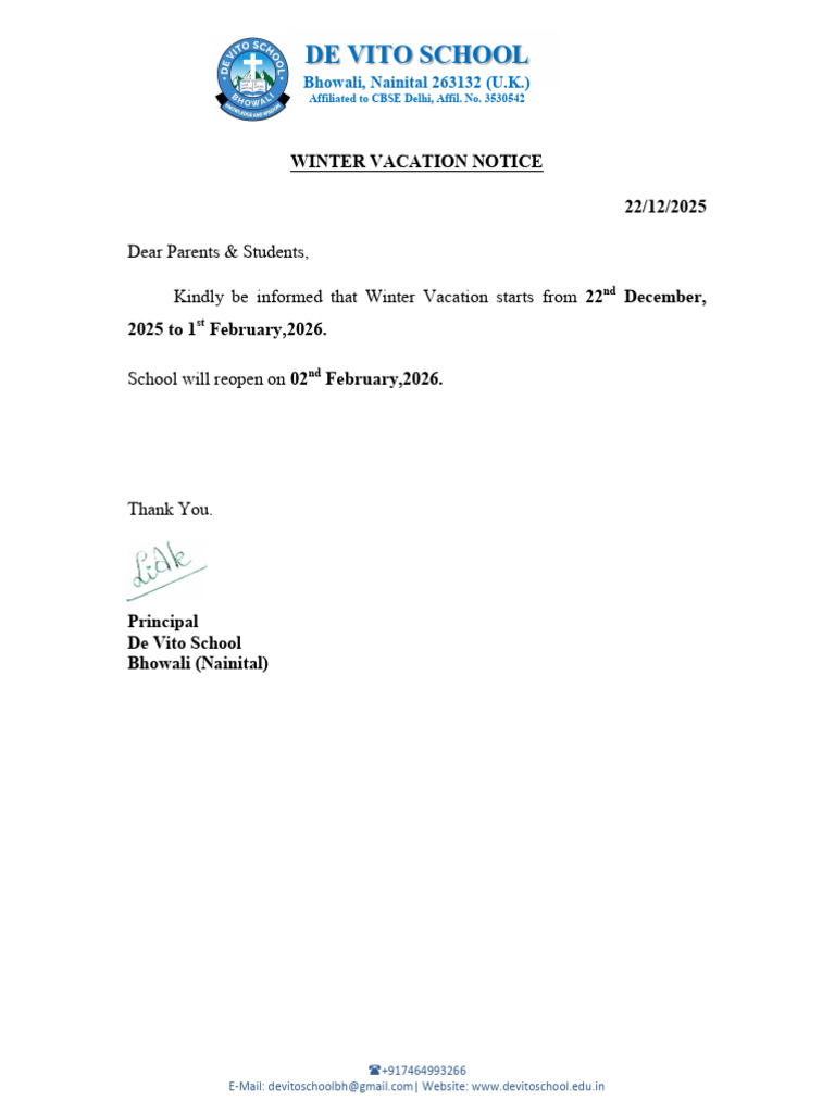 De Vito School Winter Vacation Notice | PDF