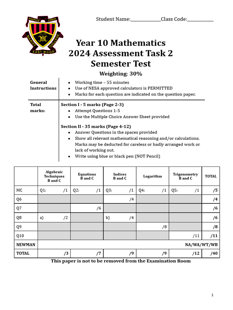 Year 10 Math Assessment Task 2024 | PDF | Mathematics