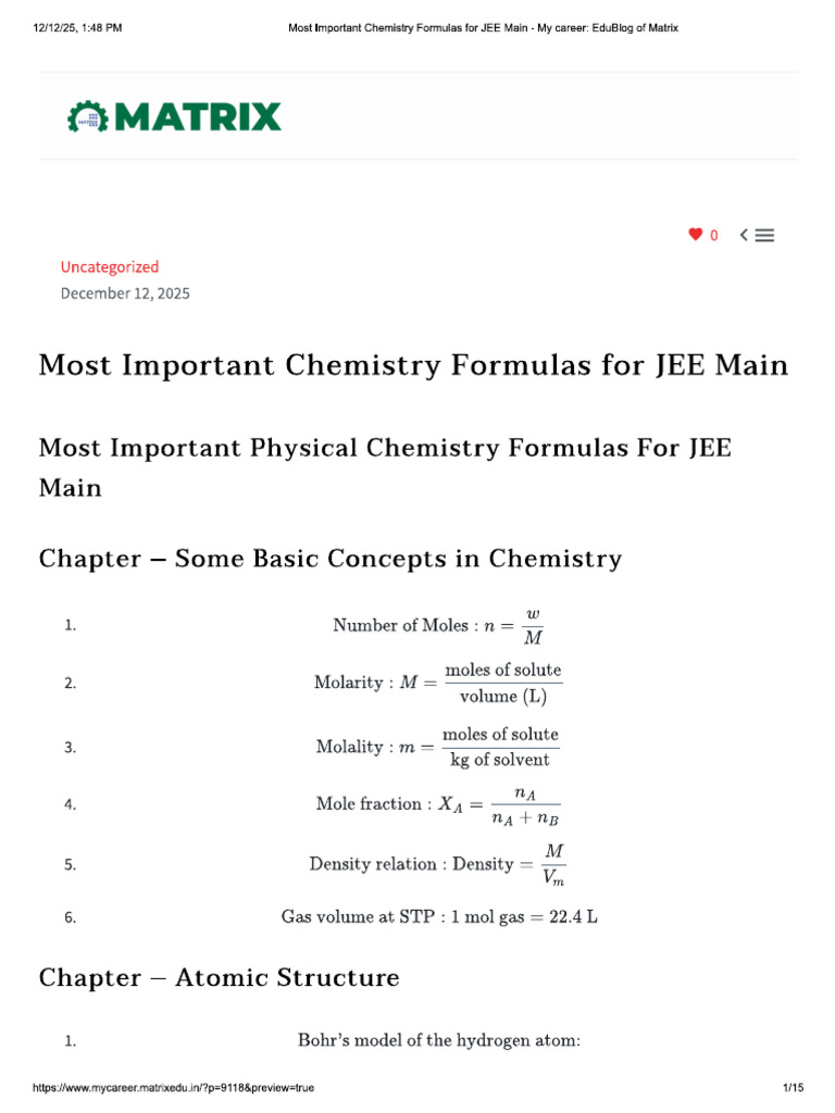 Most Important Chemistry Formulas For JEE Main | PDF