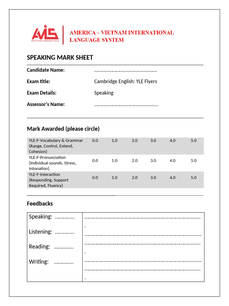 4. Speaking Mark Sheet Flyers | PDF