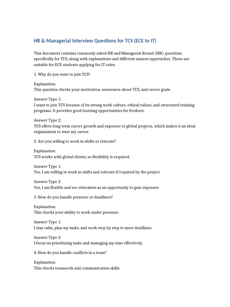 TCS HR MR Interview Questions ECE IT | PDF | Cognition | Behavior ...