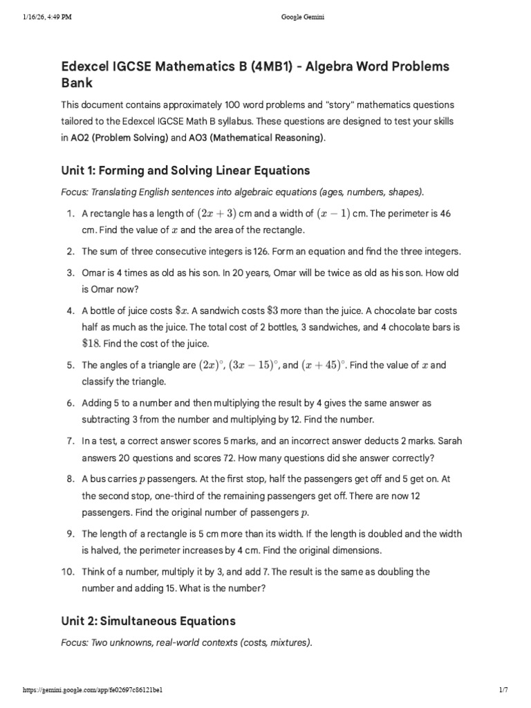 Edexcel IGCSE Math B: Algebra Problems | PDF | Area | Length