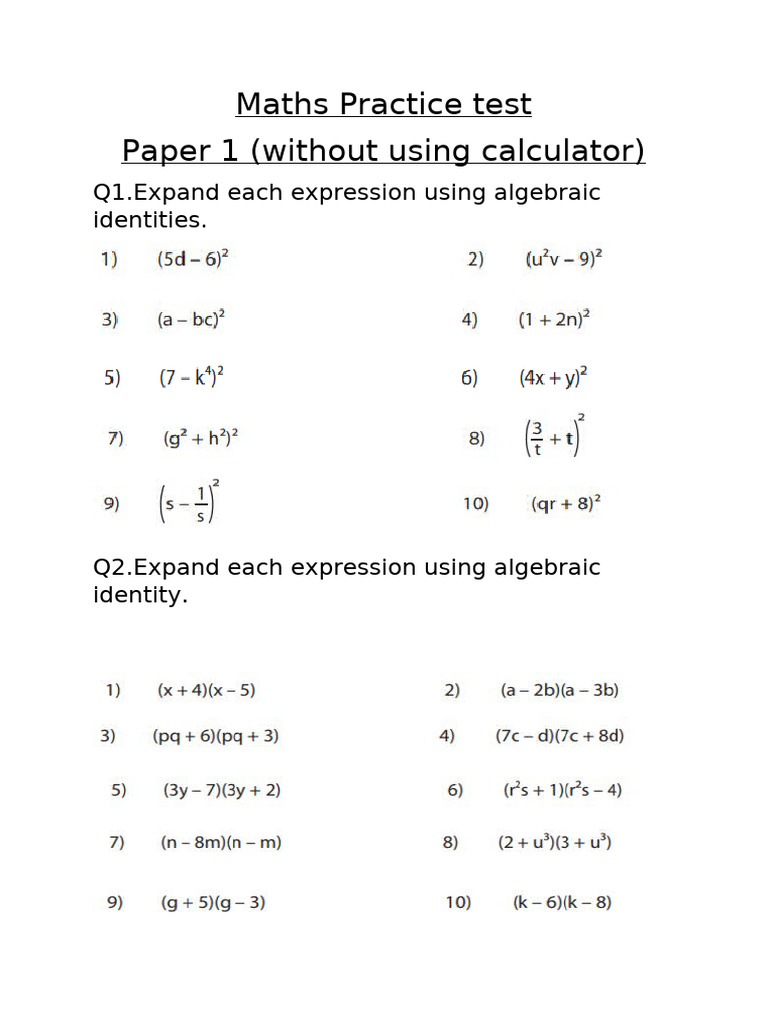 Algebraic Identities Practice Test | PDF