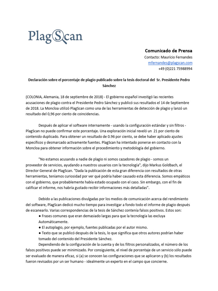 Comunicado de Prensa de PlagScan sobre la tesis doctoral de Pedro ...