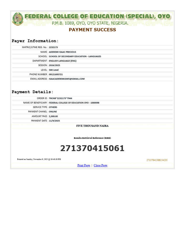 Payment Confirmation for 300 Level Student | PDF