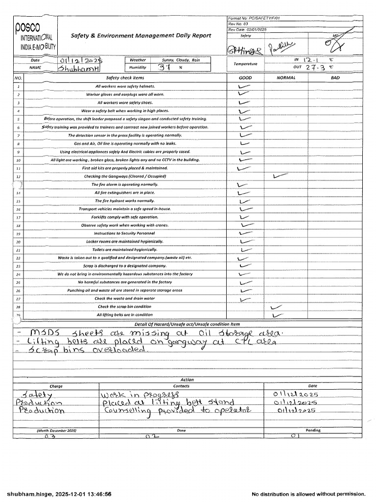 Daily Observation Report Sheets December 2025 | PDF