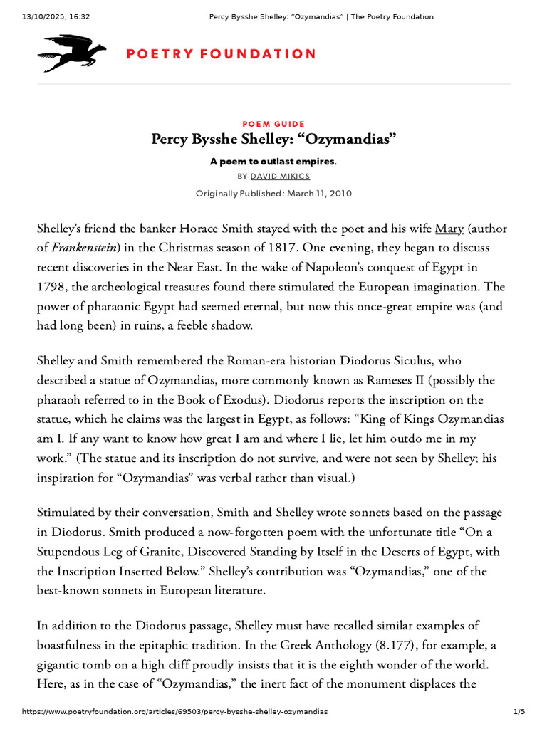 Analysis of Shelley's "Ozymandias" Poem | PDF | Poetry