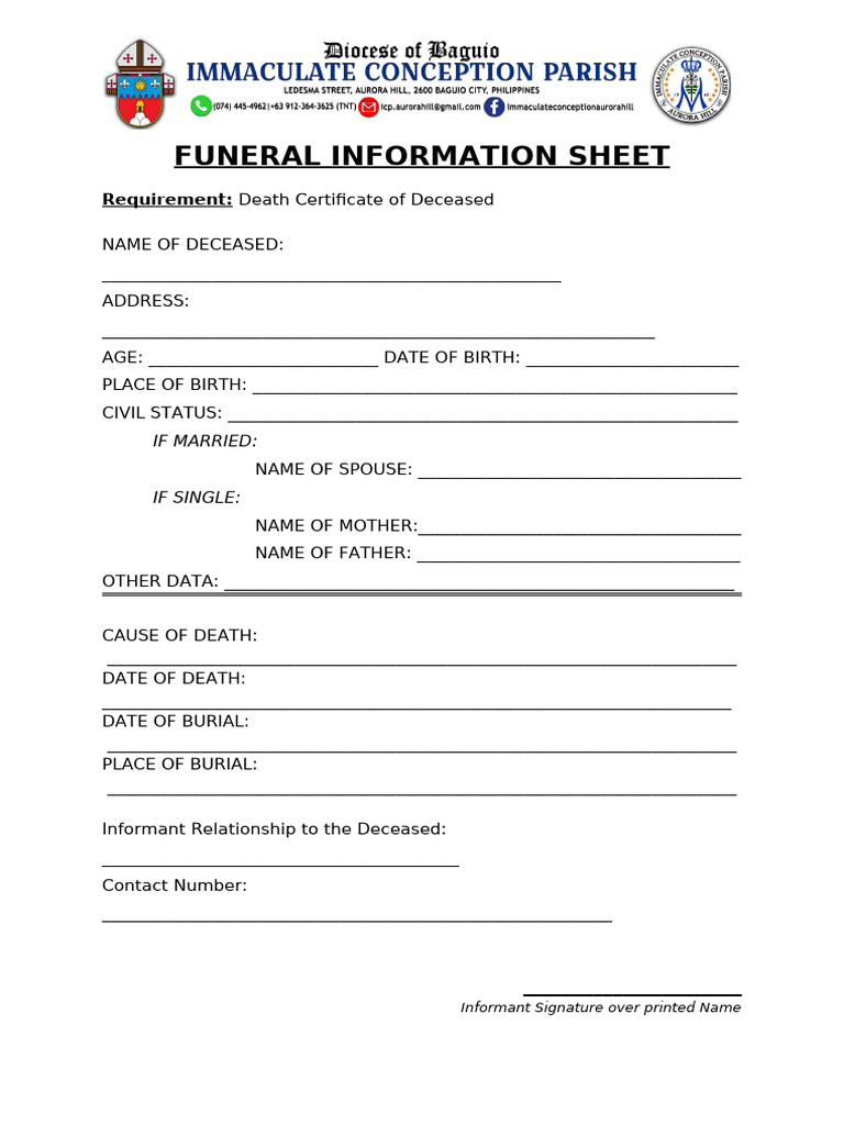 Funeral Information Sheet Template | PDF