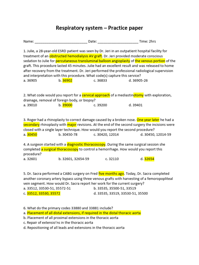 Respiratory System Practice Paper Codes | PDF | Coronary Artery Bypass ...