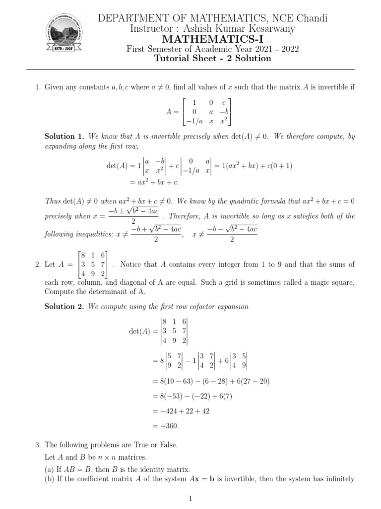 Tutorial_2_CSE_2021_solution | PDF | Matrix (Mathematics) | System Of ...