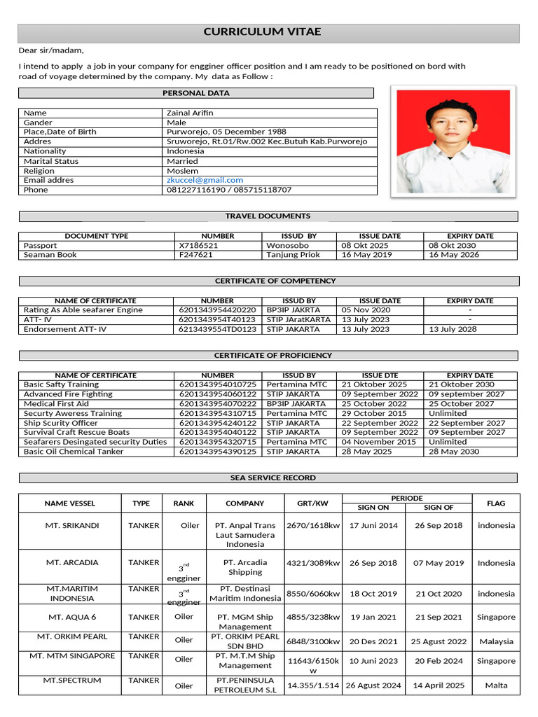 CV OiLER Zainal(1) | PDF | Oil Tanker | Shipping