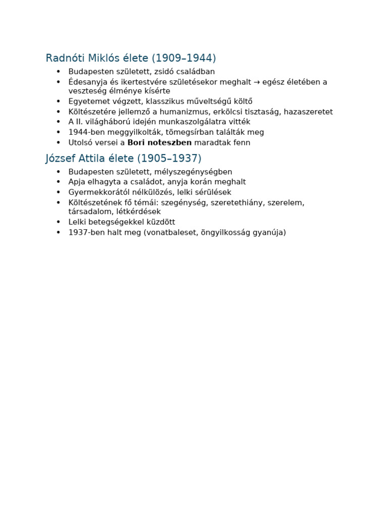 Radnóti Miklós És József Attila – Irodalom Dolgozat Összefoglaló (1) | PDF