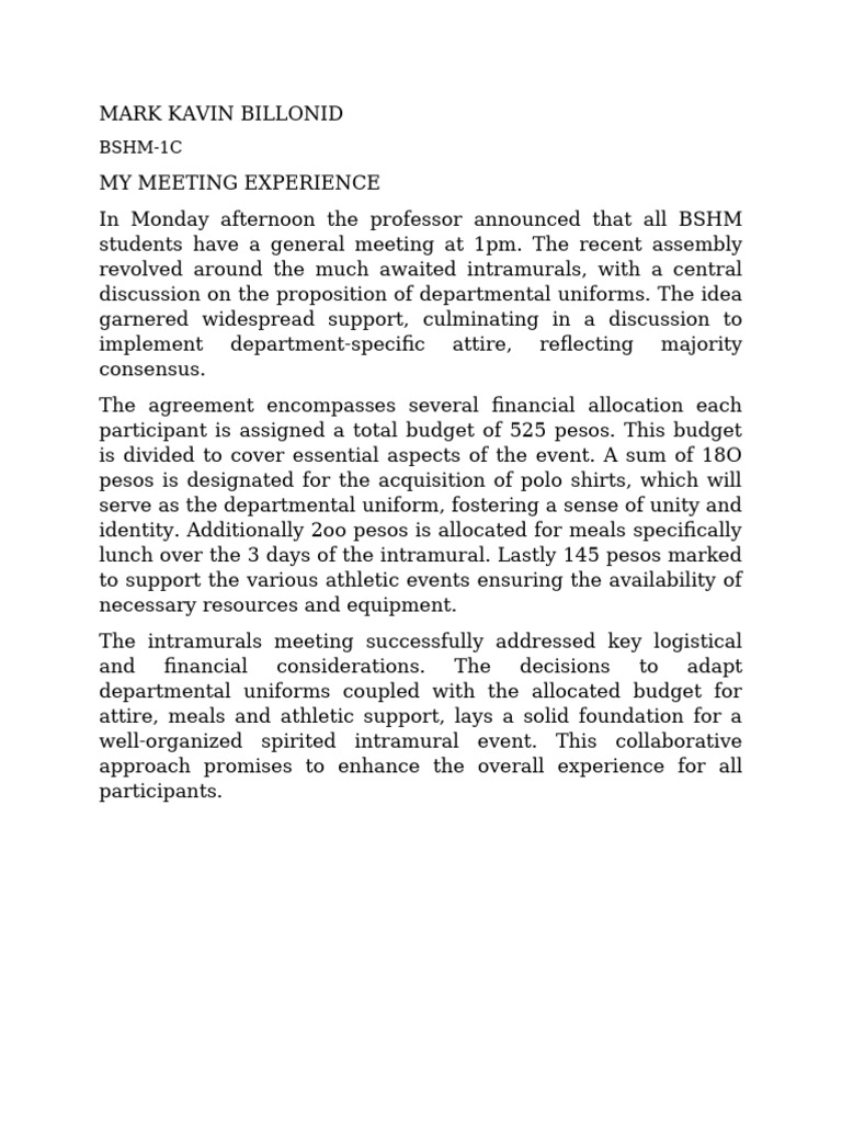 BSHM Meeting on Intramurals & Uniforms | PDF