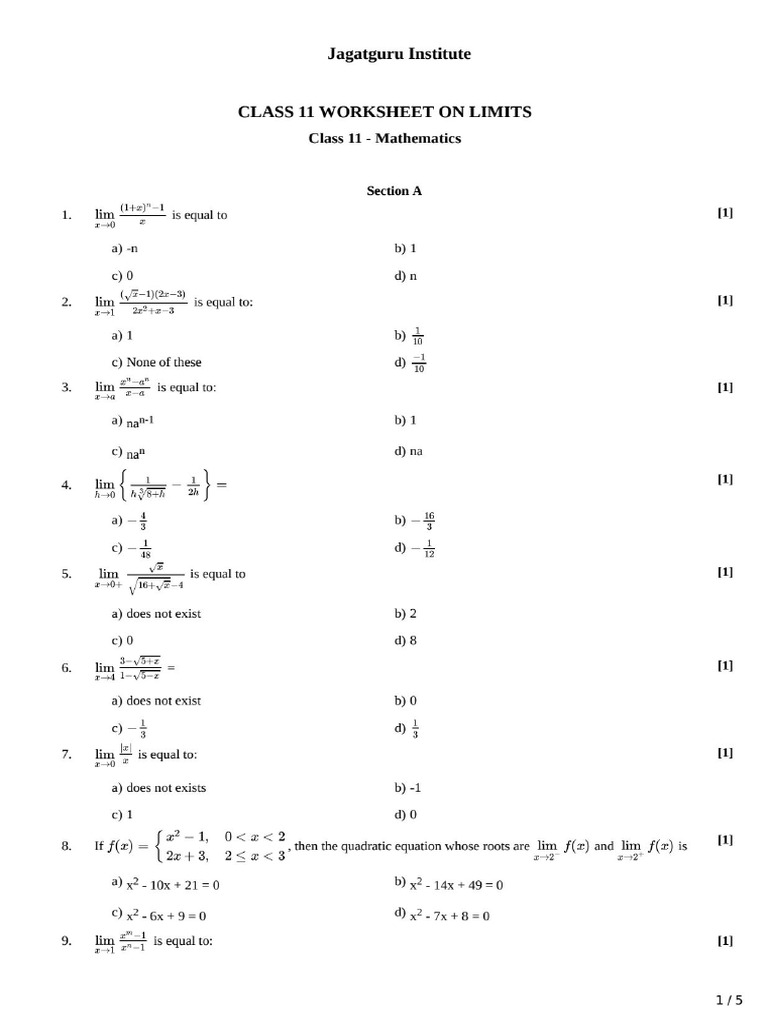 Worksheet On Limits | PDF