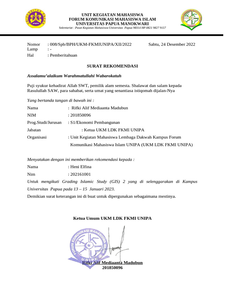 Rekomendasi Grading Islamic Study UNIPA | PDF