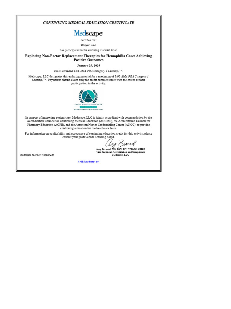 CME Certificate for 'Exploring Non-Factor Replacement Therapies for ...