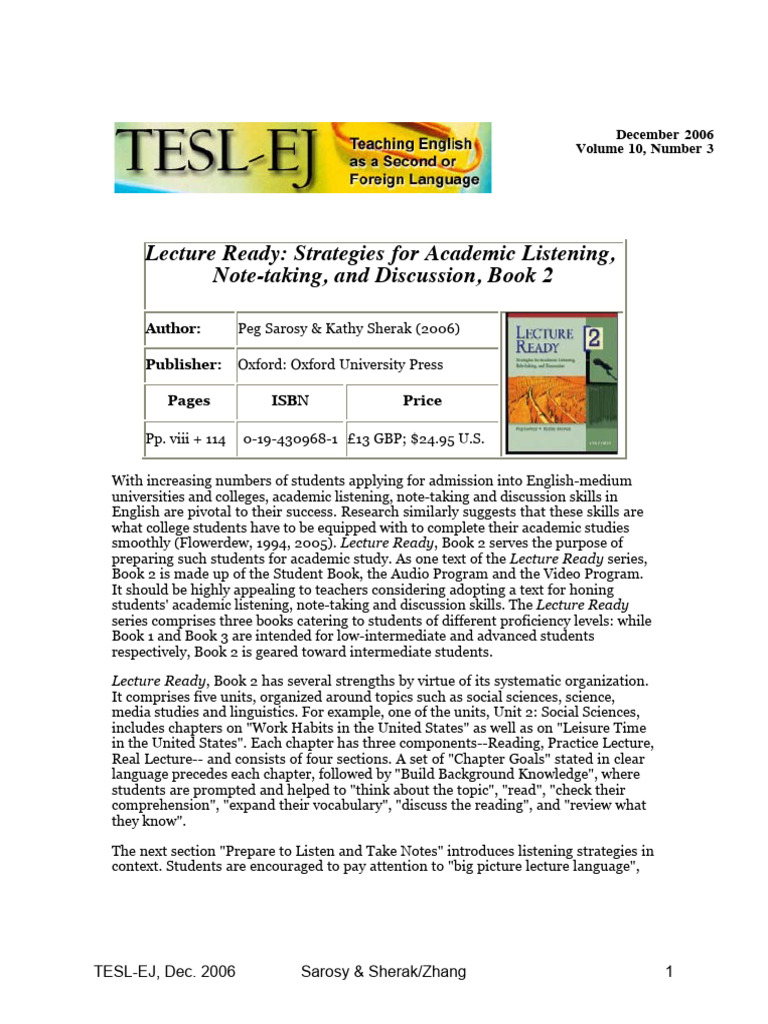 Lecture Ready Strategies for Academic Li | PDF | English As A Second Or ...