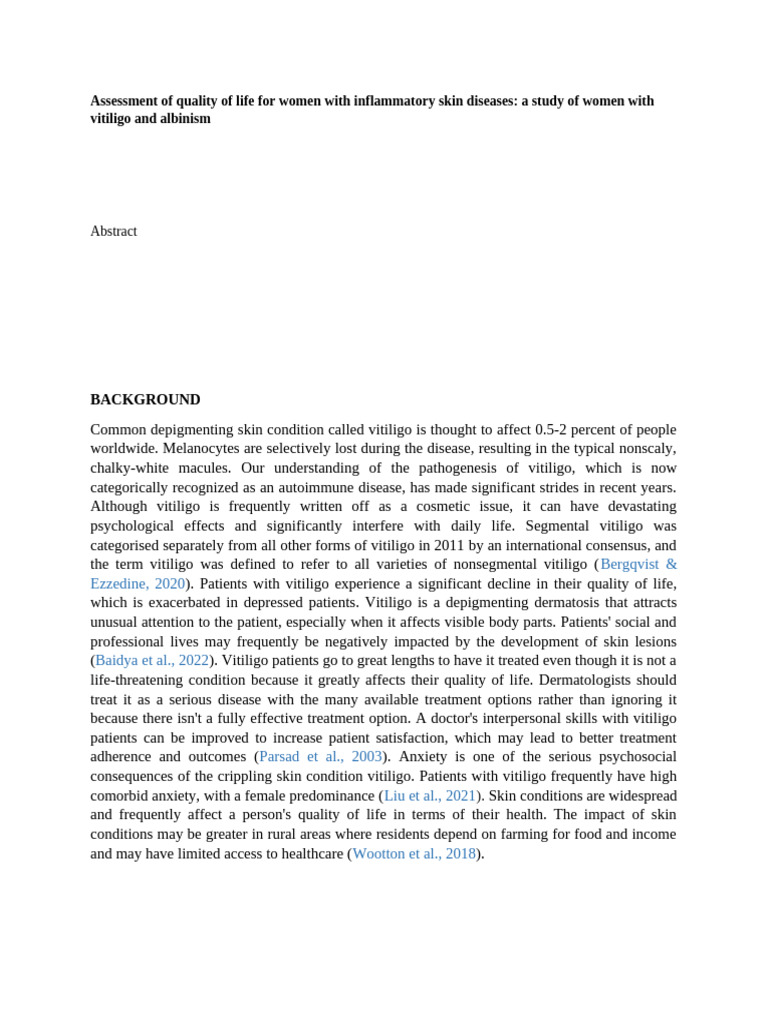 Quality of Life in Women with Vitiligo | PDF | Mental Disorder | Social ...