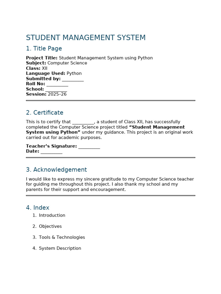 Student Management System – Class 12 Project Report | PDF | Python ...