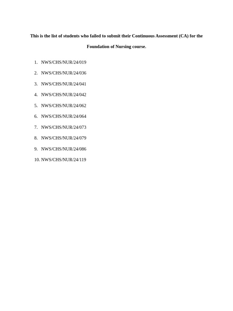 Students Missing Nursing CA Submissions | PDF