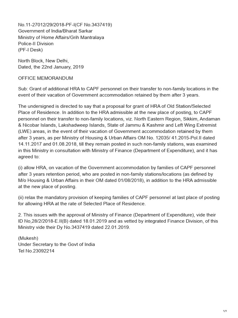 Additional HRA for CAPF Transfers | PDF