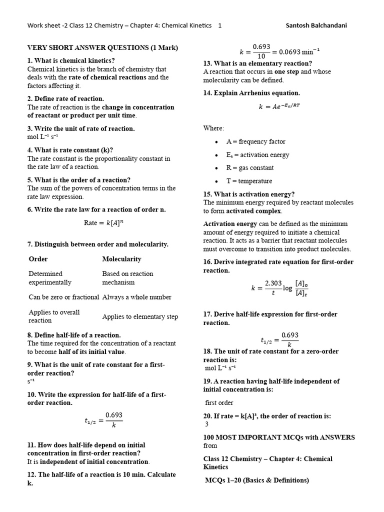 Class 12 Chemical Kinetics Worksheet | PDF | Reaction Rate | Activation ...
