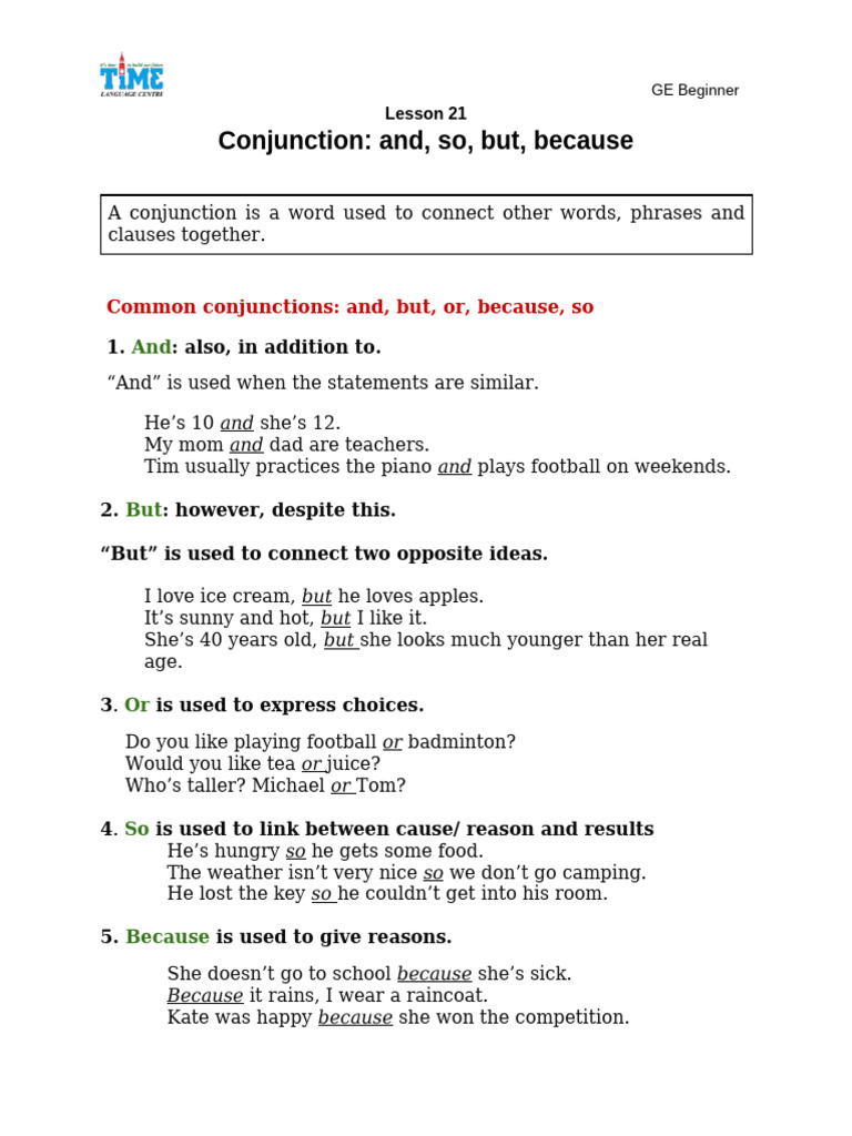 GE Beginner-Conjunction _ and, So, But, Because(1) | PDF