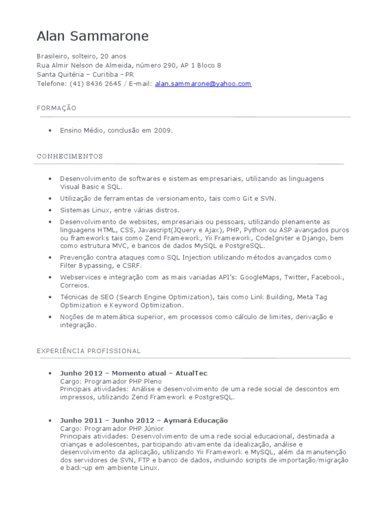 Alan Sammarone CV | PDF | Script Java | Postgre SQL