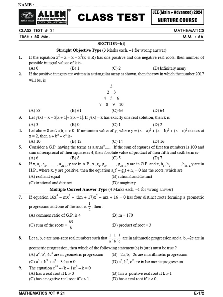 21 Class Test (N-ToPS,TNPS)_Student Copy | PDF | Numbers | Mathematics