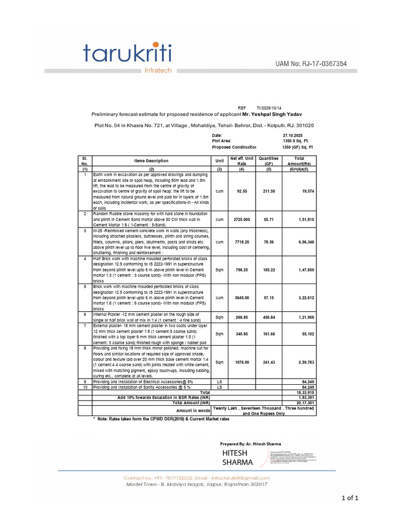 25.EST.10.14 Yeshpal Singh Yadav Estimate | PDF | Plaster | Brick
