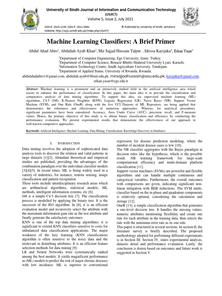 Machine Learning Classifiers a Brief Pri | PDF | Machine Learning | Statistical Classification
