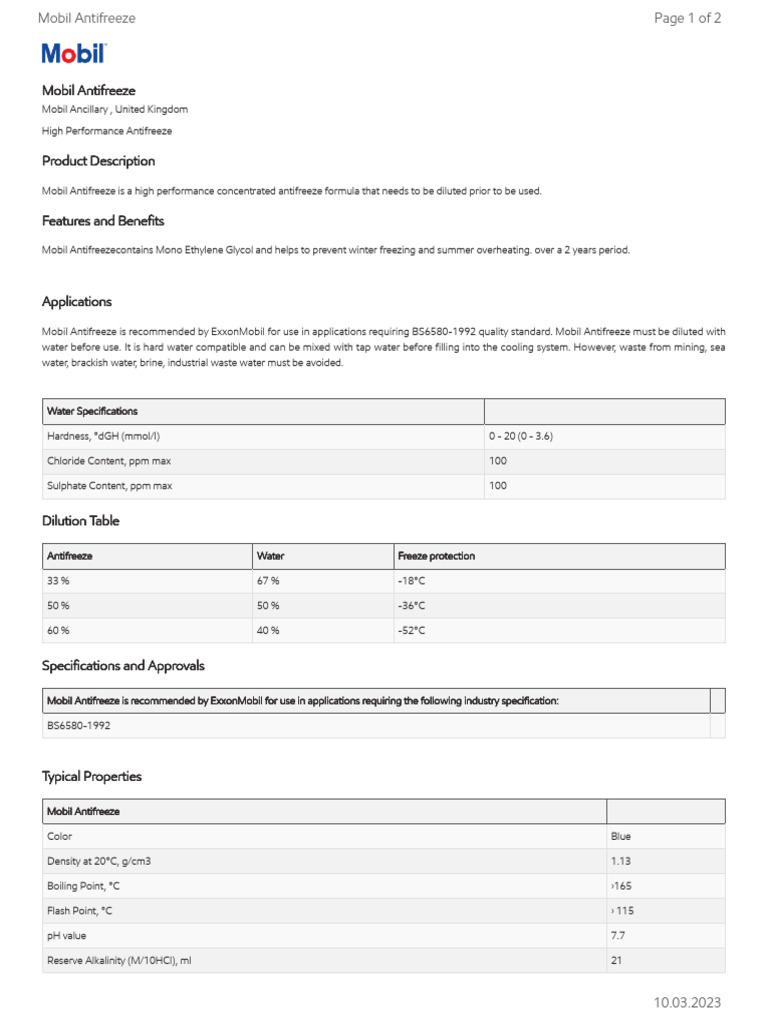 High Performance Mobil Antifreeze Guide | PDF | Materials | Chemical ...