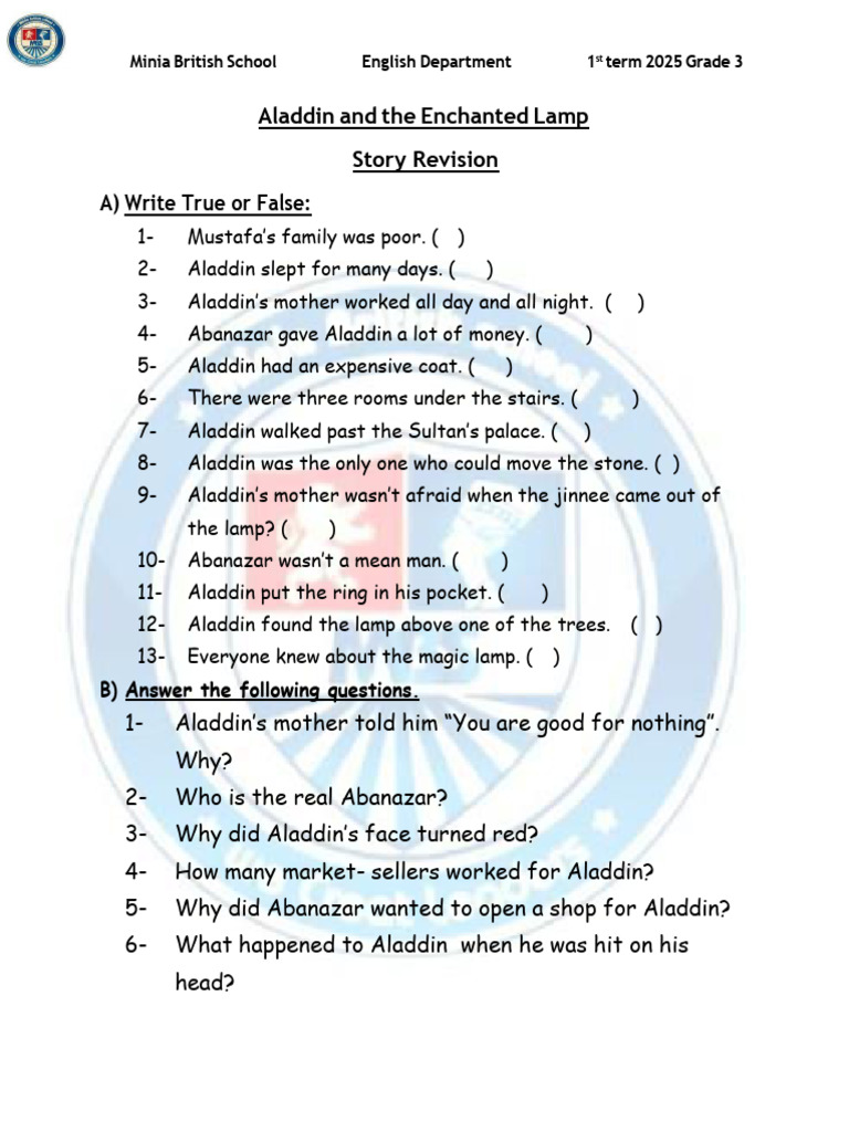 Aladdin Story Revision for Grade 3 | PDF