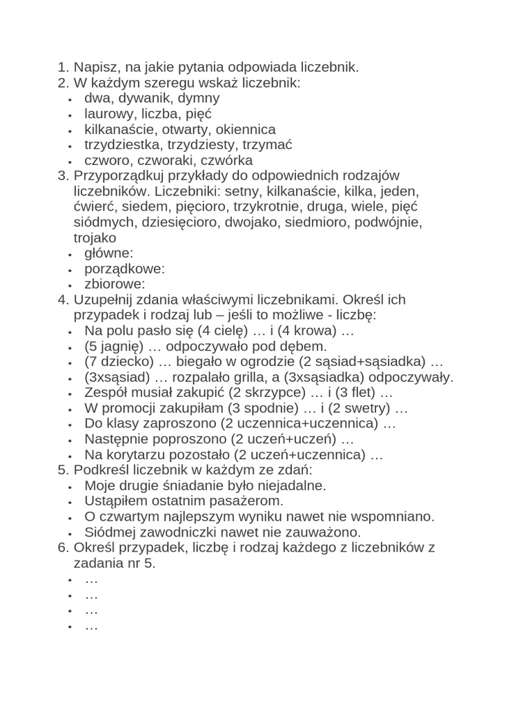 Liczebnik Karta Pracy Klasa 5 | PDF