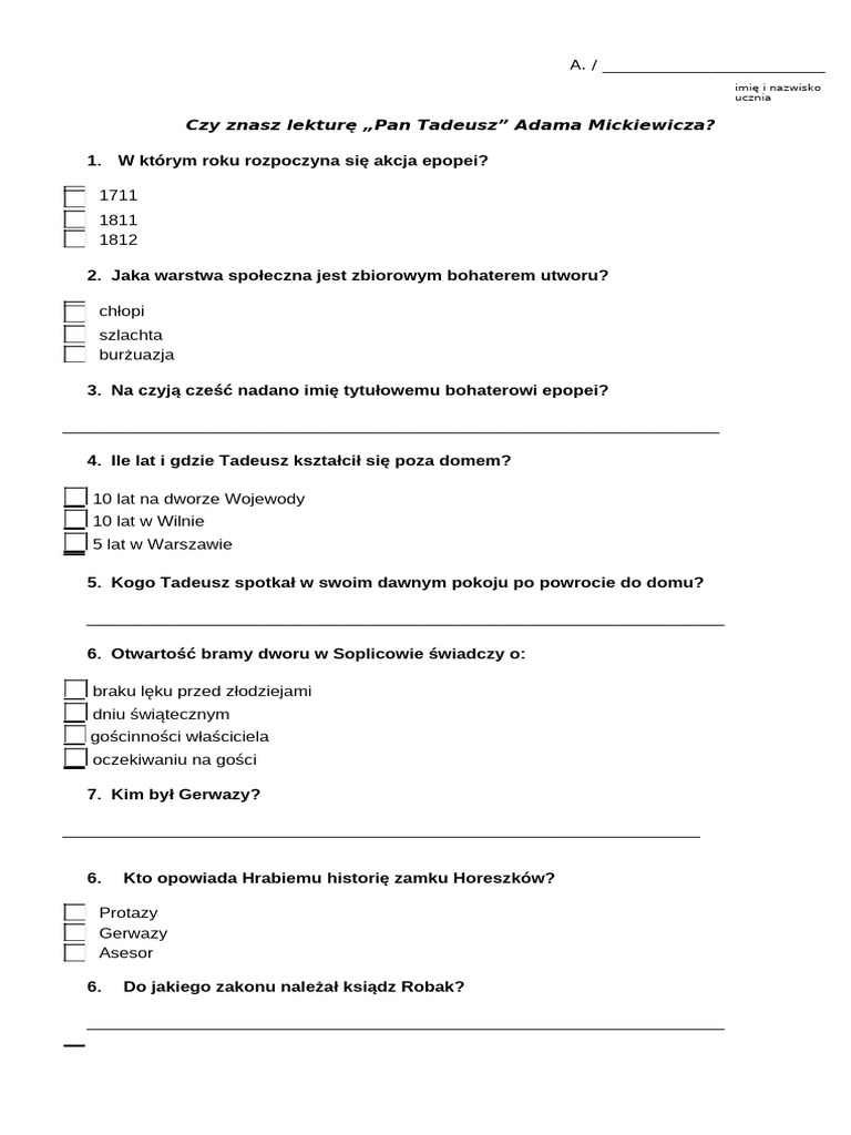 Test Ze Znajomości Pana Tadeusza I Termin | PDF