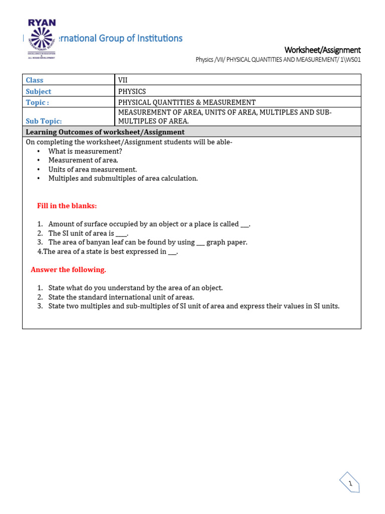 Area Measurement Worksheet for Class VII | PDF