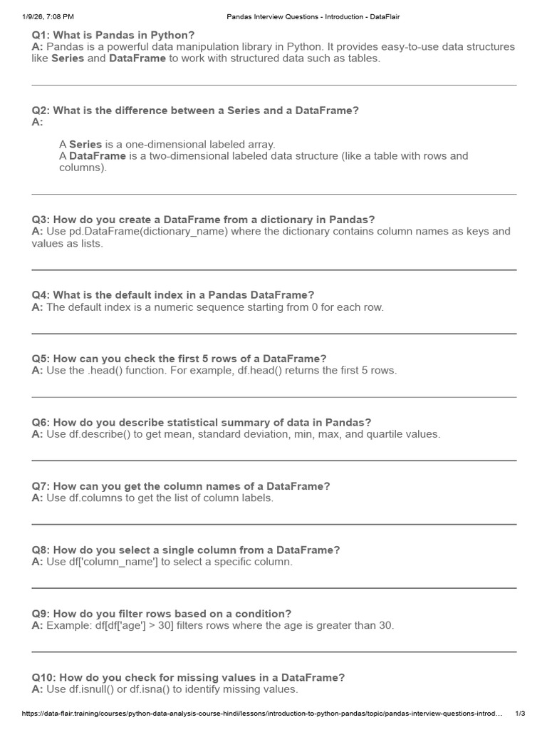 Pandas Interview Questions - Introduction - DataFlair | PDF | Computing ...