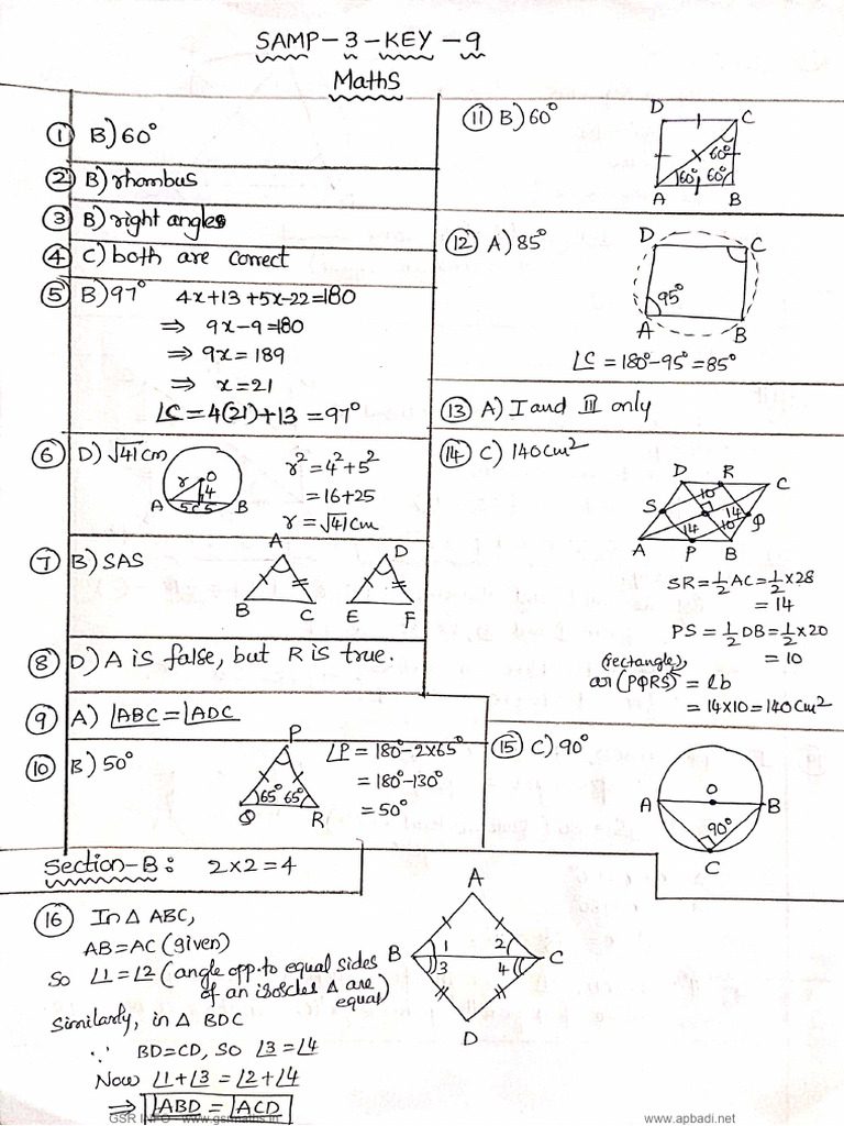 9th Class Maths FA 3 Key Paper | PDF