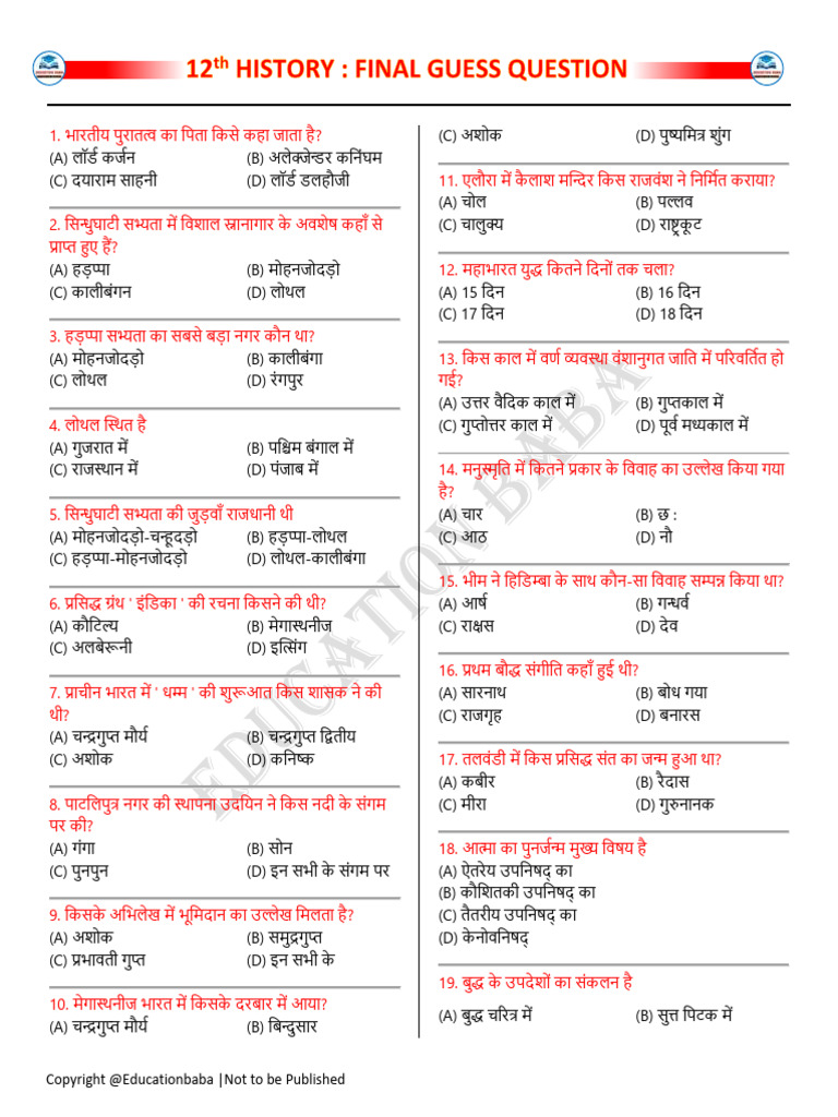 12th History Final Guess 2026 | PDF