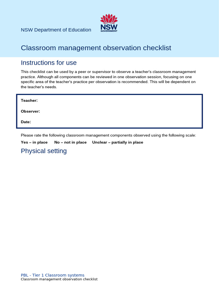 Classroom Management Observation Checklist | PDF | Classroom Management ...