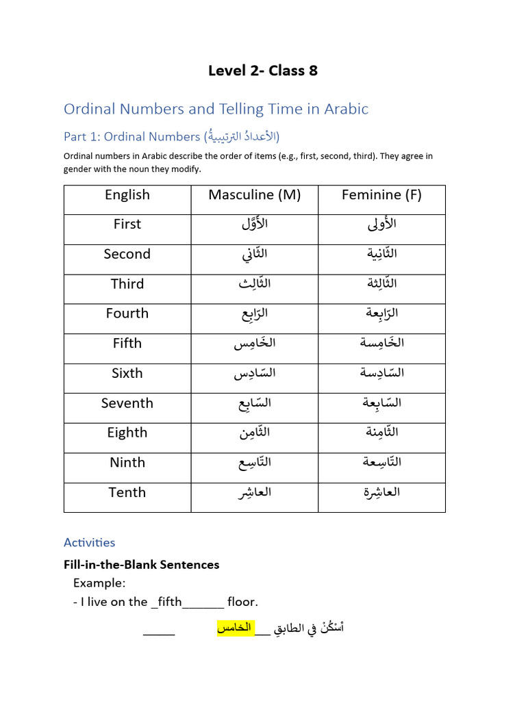 08 Ordinal Numbers and Telling Time | PDF