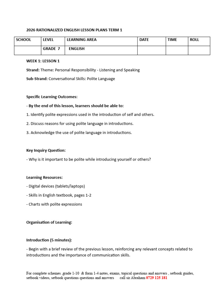 Grade 7 English Lesson Plans: Polite Language | PDF | Learning | Poetry