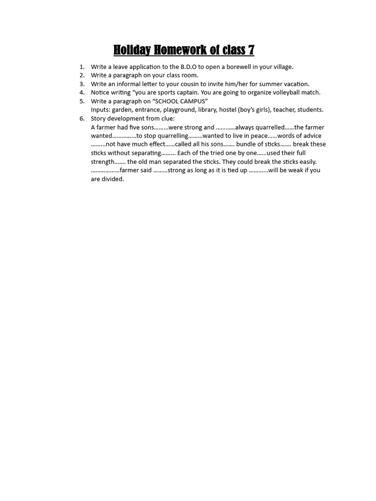 Holiday Homework of Class 7 | PDF