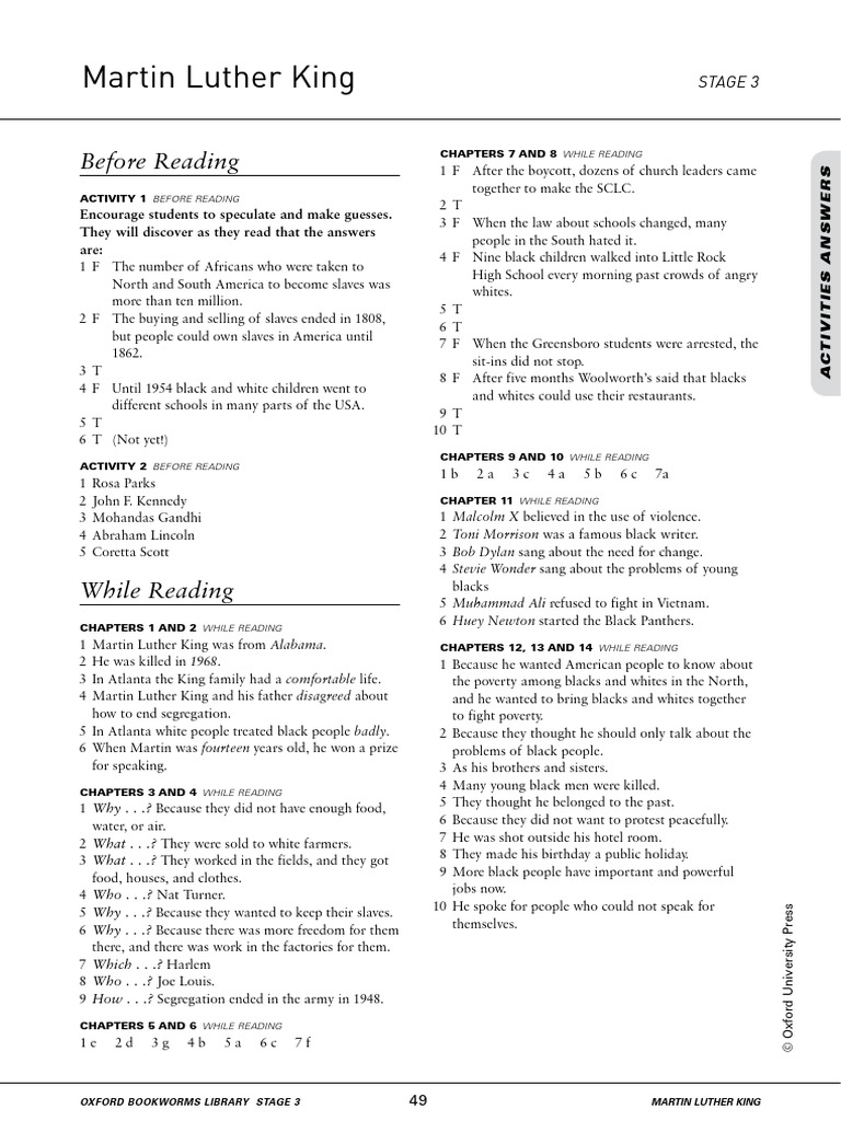 OXFORD BOOKWORMS 3 Factfiles - Martin Luther King (Answers) | PDF ...