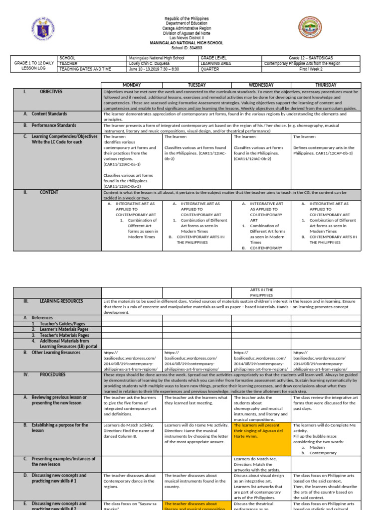Daily Lesson Plan in Contemporary Arts in the Philippines from the ...