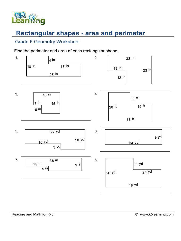 Grade 5 Geometry Worksheet - Rectangular Shapes - Area and Perimeter | PDF