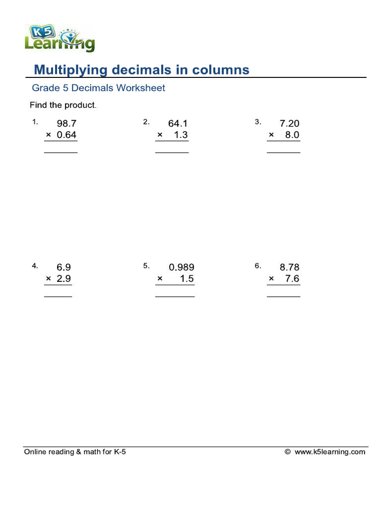 Grade 5 Decimals Worksheet - Multipying Decimals in Columns | PDF